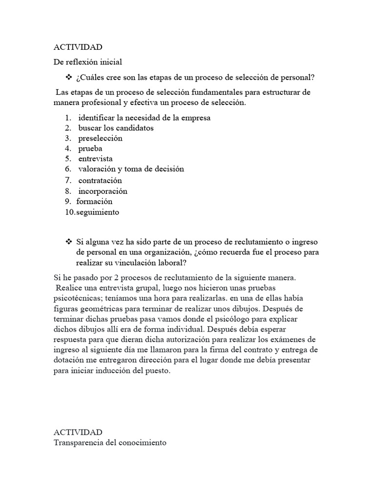 ACTIVIDAD DE REFLEXION INICIAL¿Cuáles Cree Son Las Etapas de | PDF