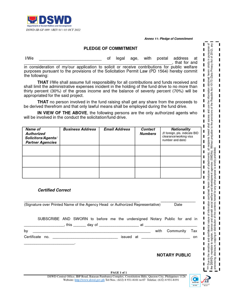 DSWD SB GF 089 - REV 01 - Pledge of Commitment | PDF