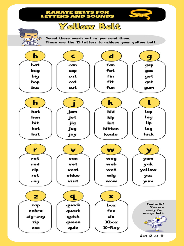 English Letters and Sounds Karate Belt Infographic Yellow and White ...
