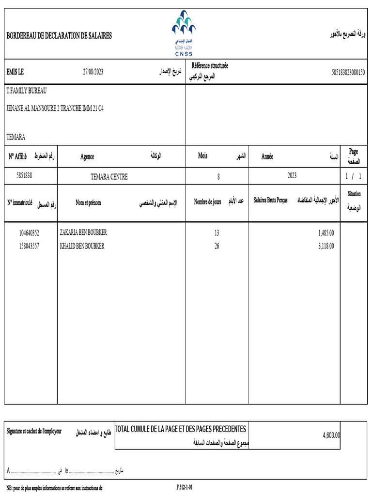 Bordereau de Declaration Des Salaries | PDF