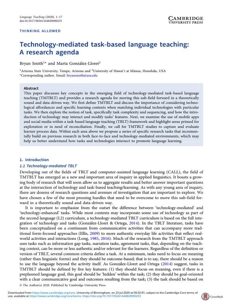 Technology-Mediated Task-Based Language Teaching: A Research Agenda | PDF