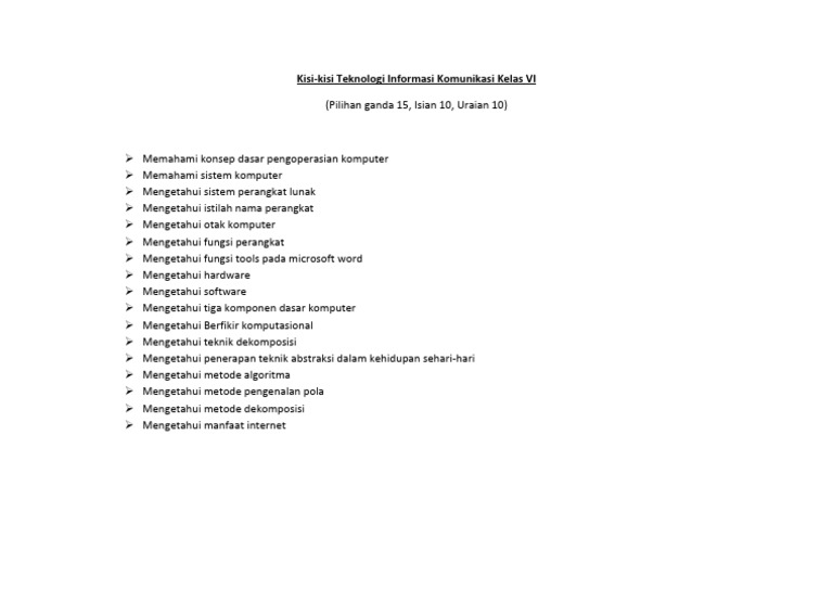 Kisi-Kisi TIK Kelas VI | PDF