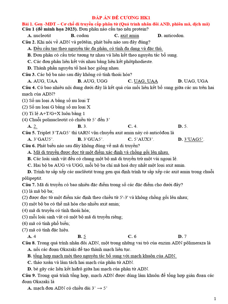 Sinh 12 - Đ.AN Đề cương giữa HK1 - 23-24 | PDF