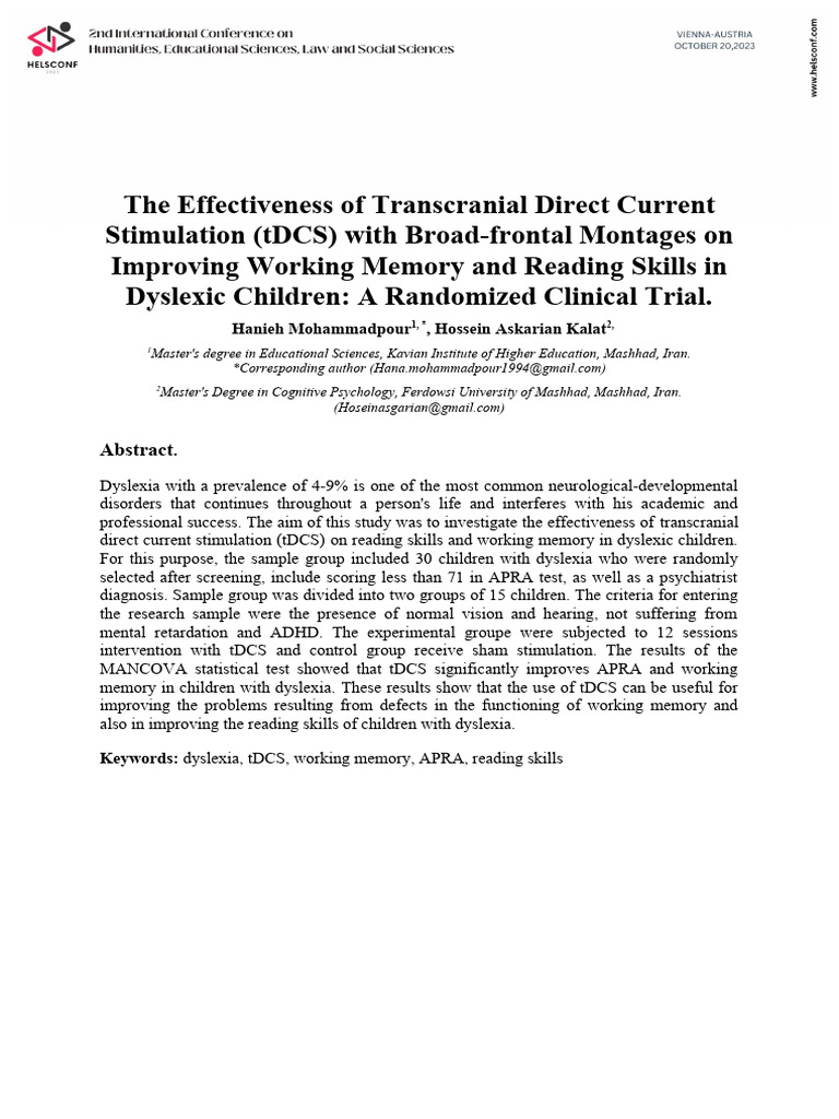 The Effectiveness of Transcranial Direct Current Stimulation (TDCS) With Broad-Frontal Montages ...