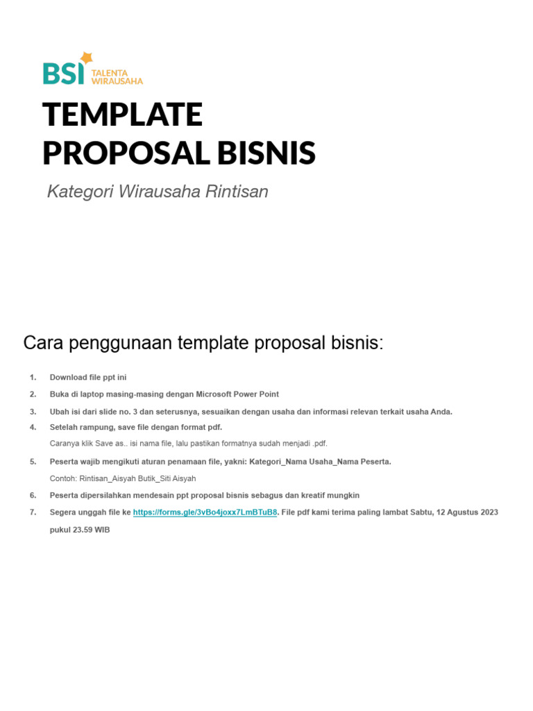 Template Proposal Bisnis - Talenta Wirausaha BSI - Wirausaha Rintisan | PDF | Pengelolaan ...