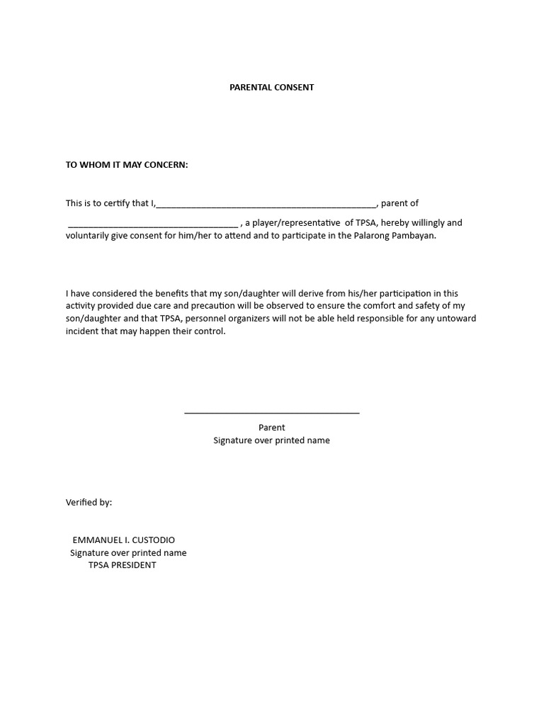 Parental Consent Palarong Pambayan 2023 | PDF