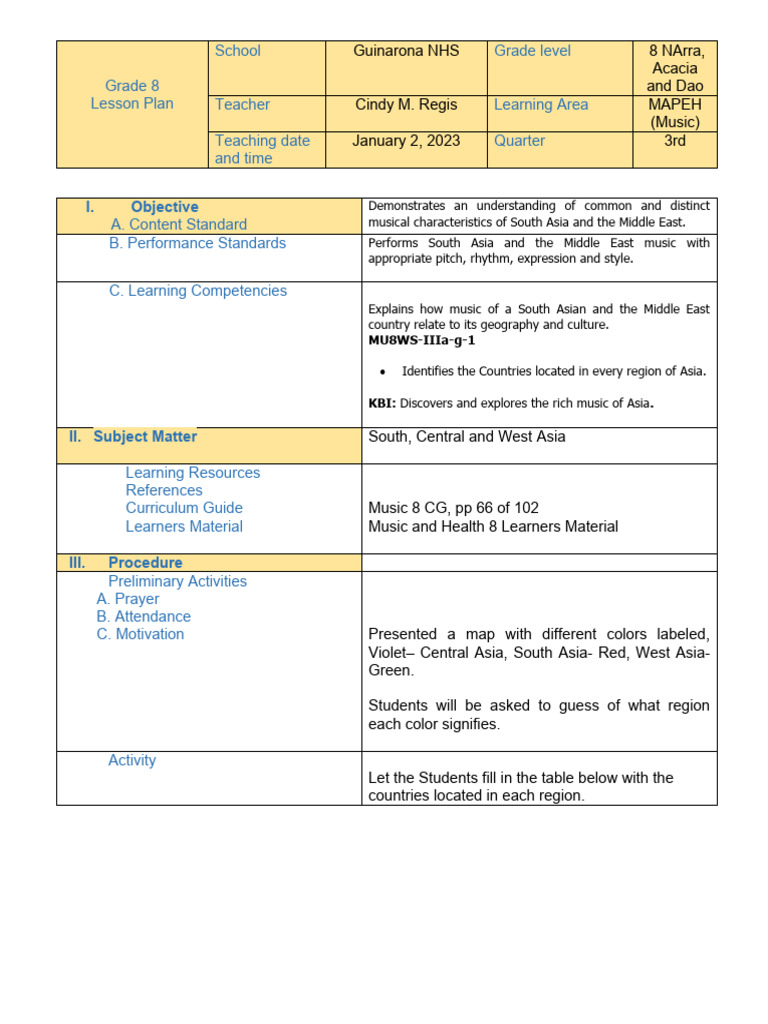 Music 8 Lesson Plan | PDF