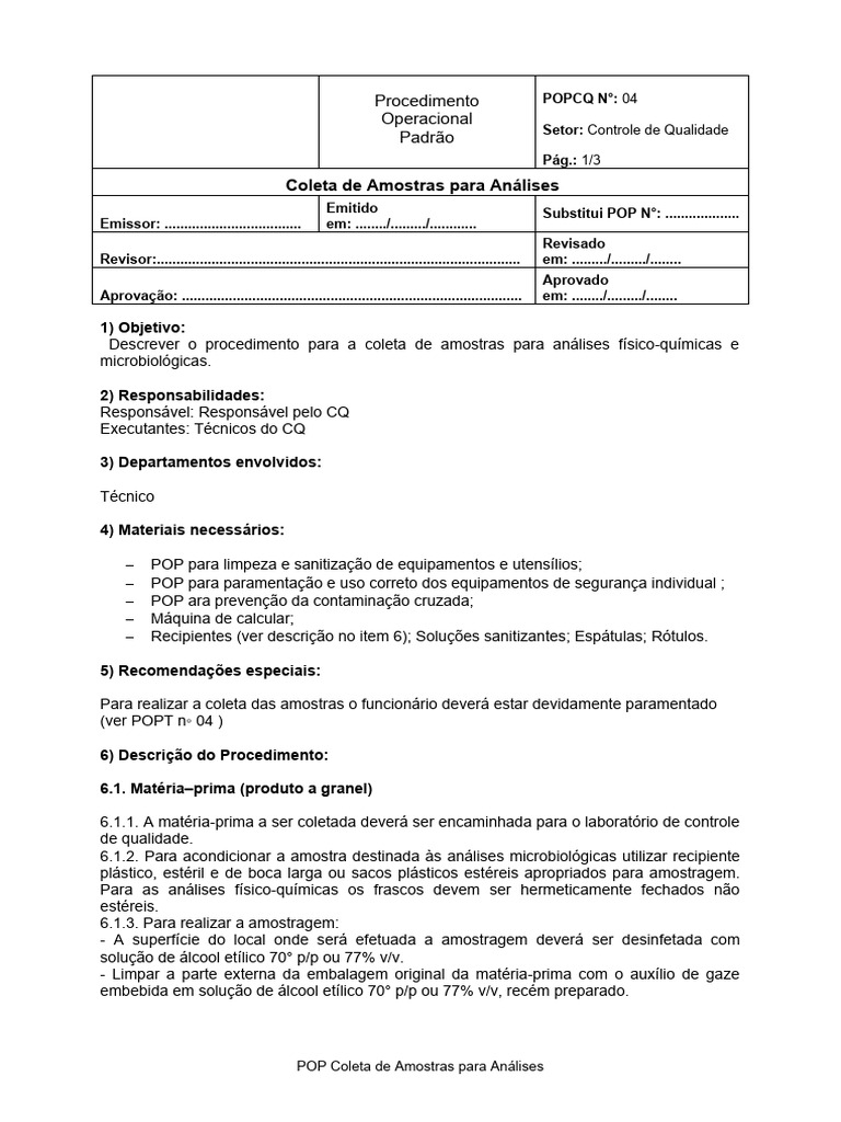 POP para Coleta de Amostras para Análises | PDF