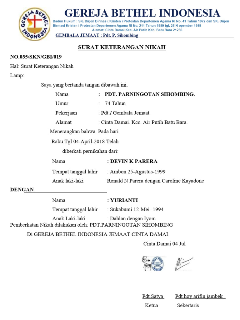 Contoh Surat Nikah Kristen 1 | PDF