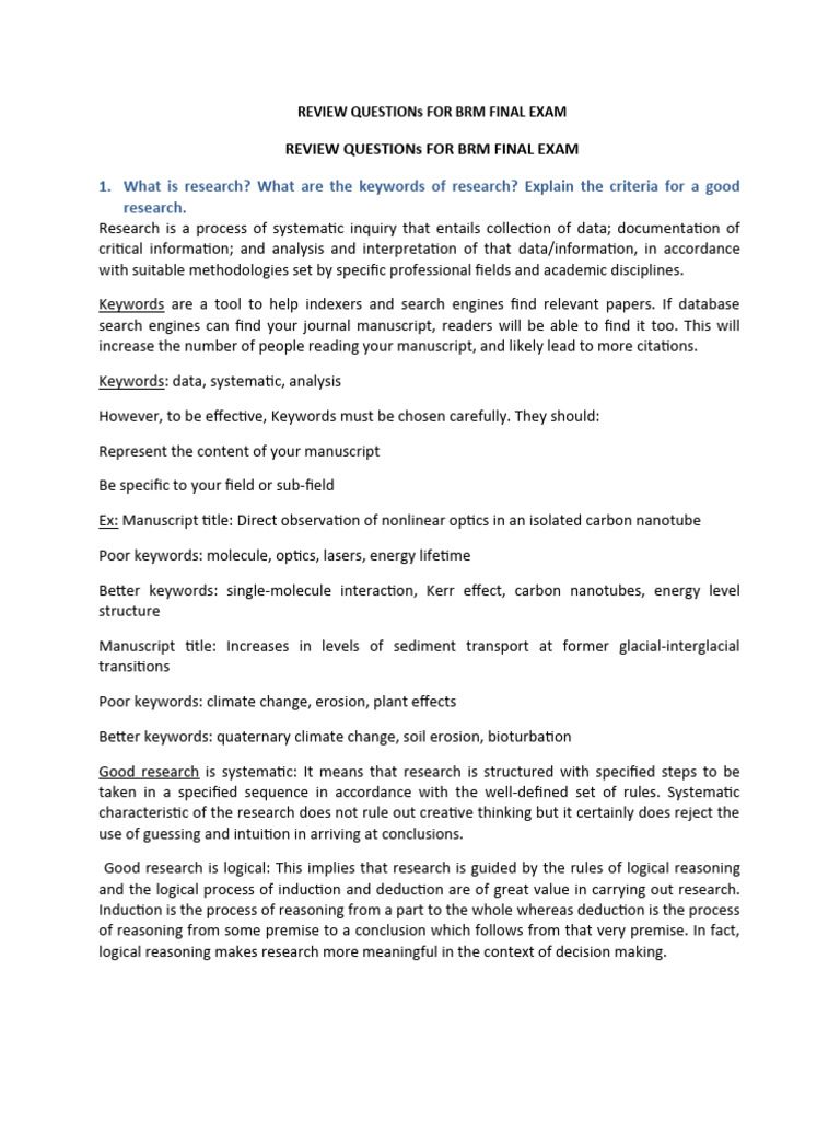 Review Questions For BRM Final Exam | PDF | Career & Growth