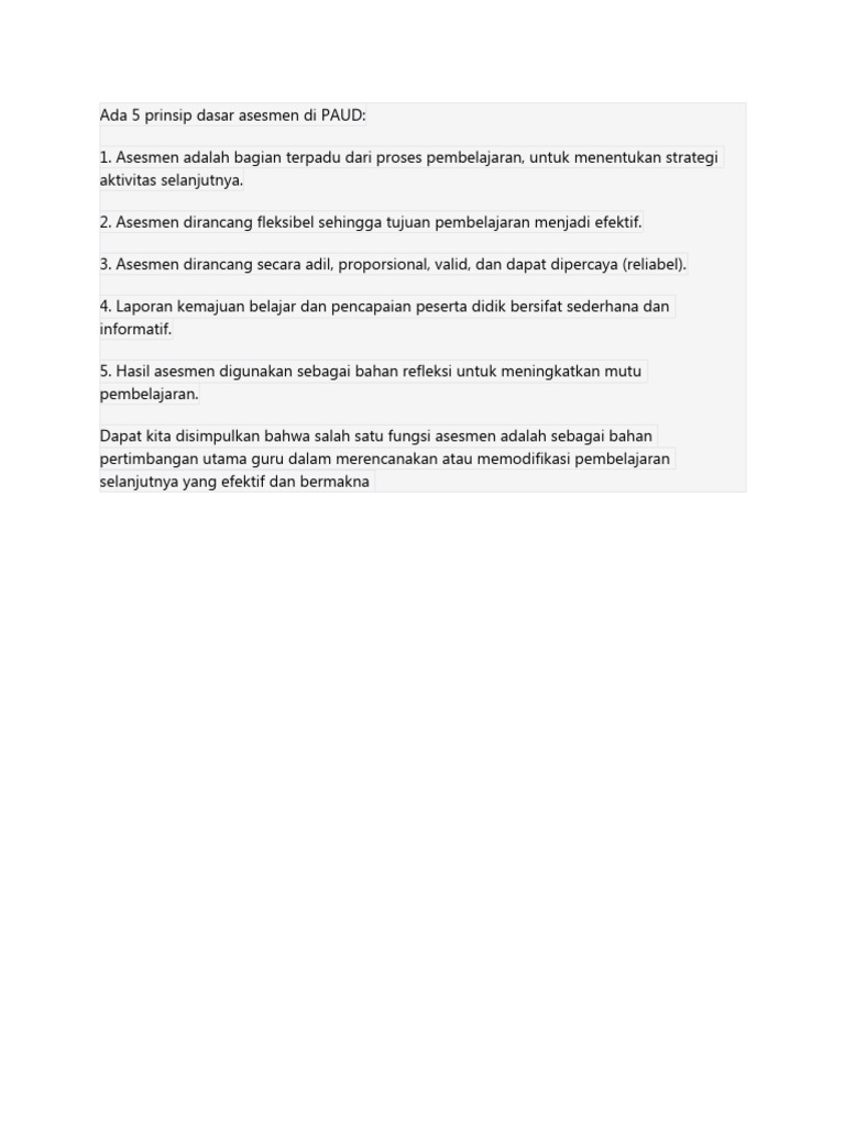 Ada 5 Prinsip Dasar Asesmen Di PAUD | PDF | Karier & Perkembangan | Bisnis