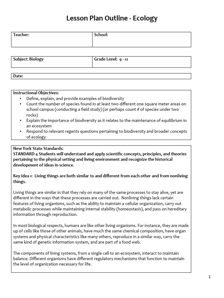 Lesson Plan Outline - Ecology | PDF