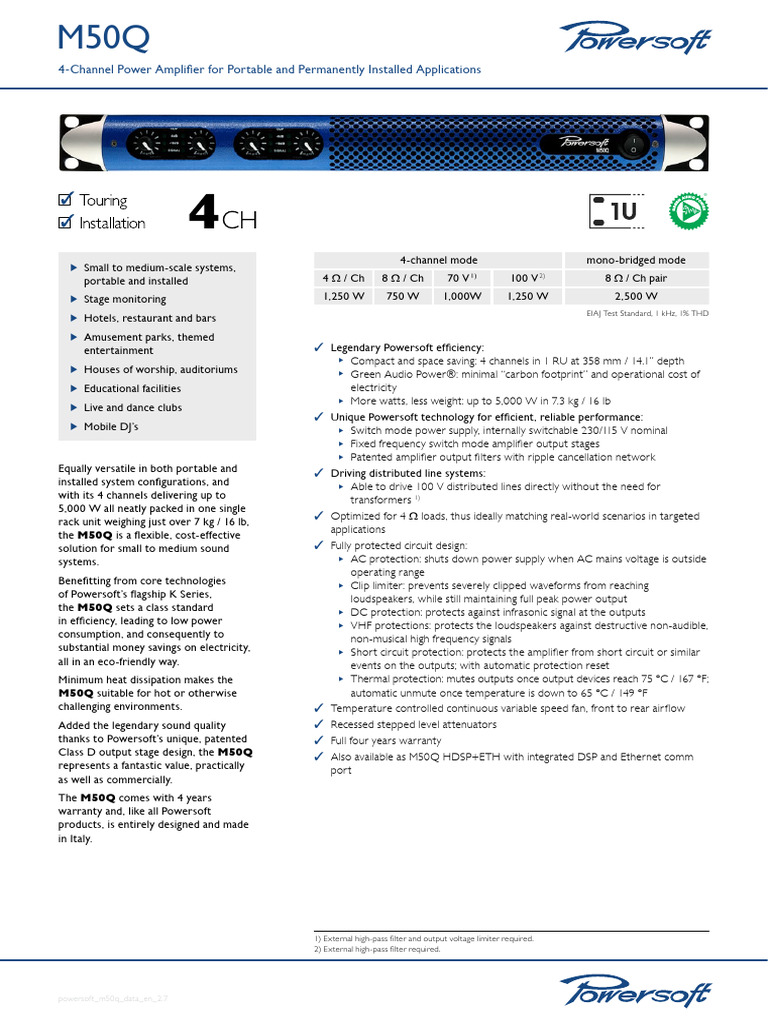 Powersoft m50q Data en 2.7 | PDF | Power Supply | Amplifier