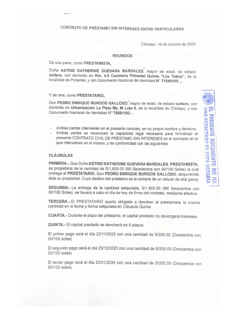 Contrato de Préstamo Sin Intereses Entre Particulares | PDF