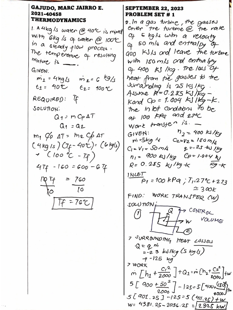 GAJUDO, MARC JAIRRO E. Problem Set 1 (Thermodynamics) | PDF