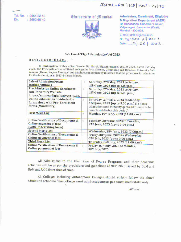 Revised Admission Circular 2023 | PDF