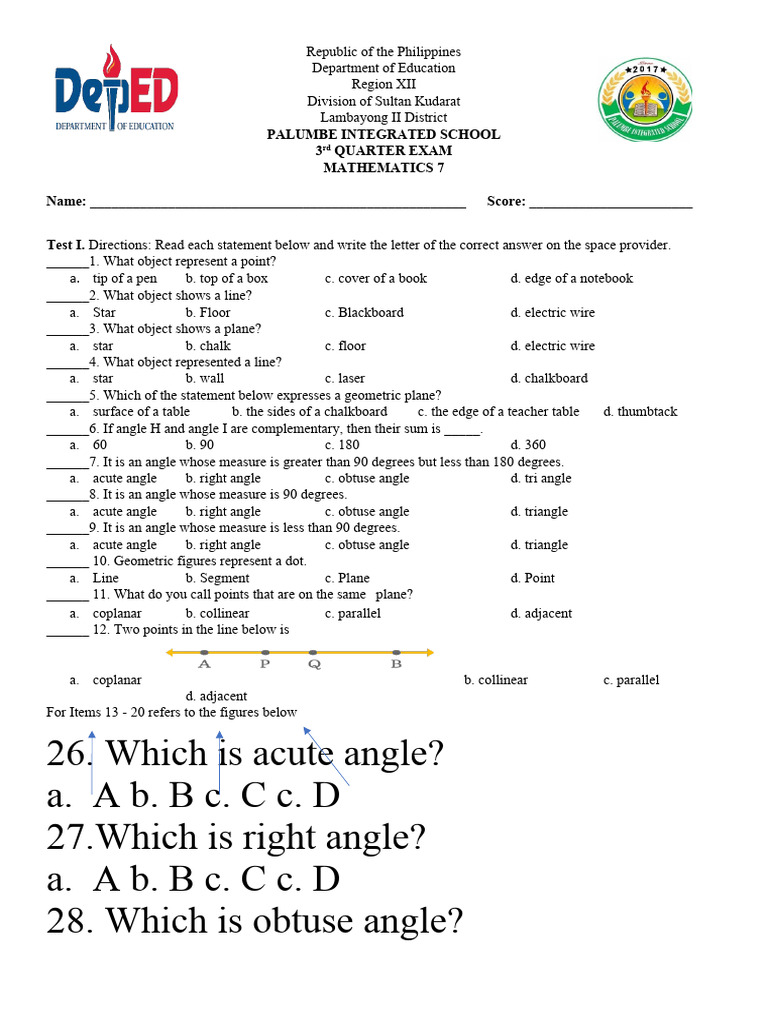 Grade 7 3RD QUARTER EXAM | PDF | Angle | Mathematics Grade 7 3RD QUARTER EXAM | PDF | Angle | Mathematics