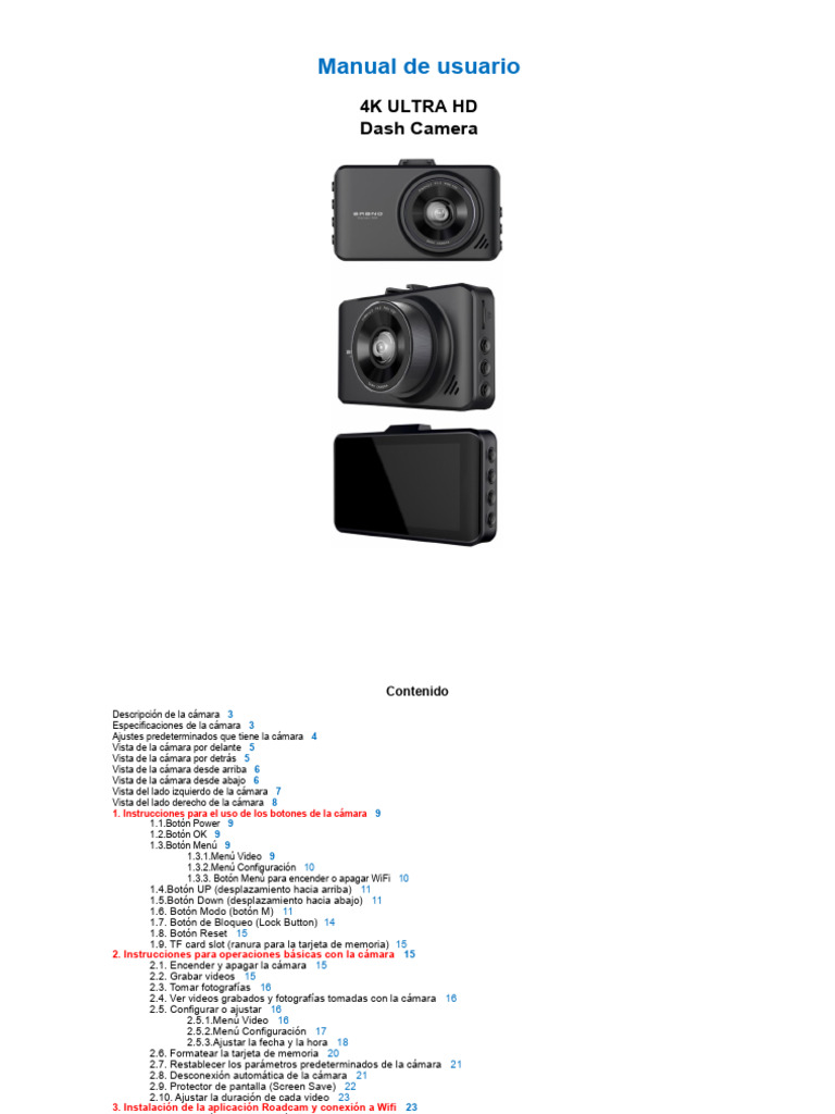 Manual de Usuario: Cámara Dash 4K UHD | PDF