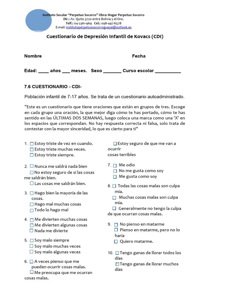 Cuestionario de Depresión Infantil de Kovacs (CDI) : Nombre Fecha | PDF