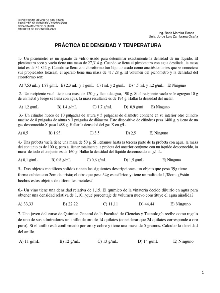 Práctica de Densidad y Temperatura en Química | PDF