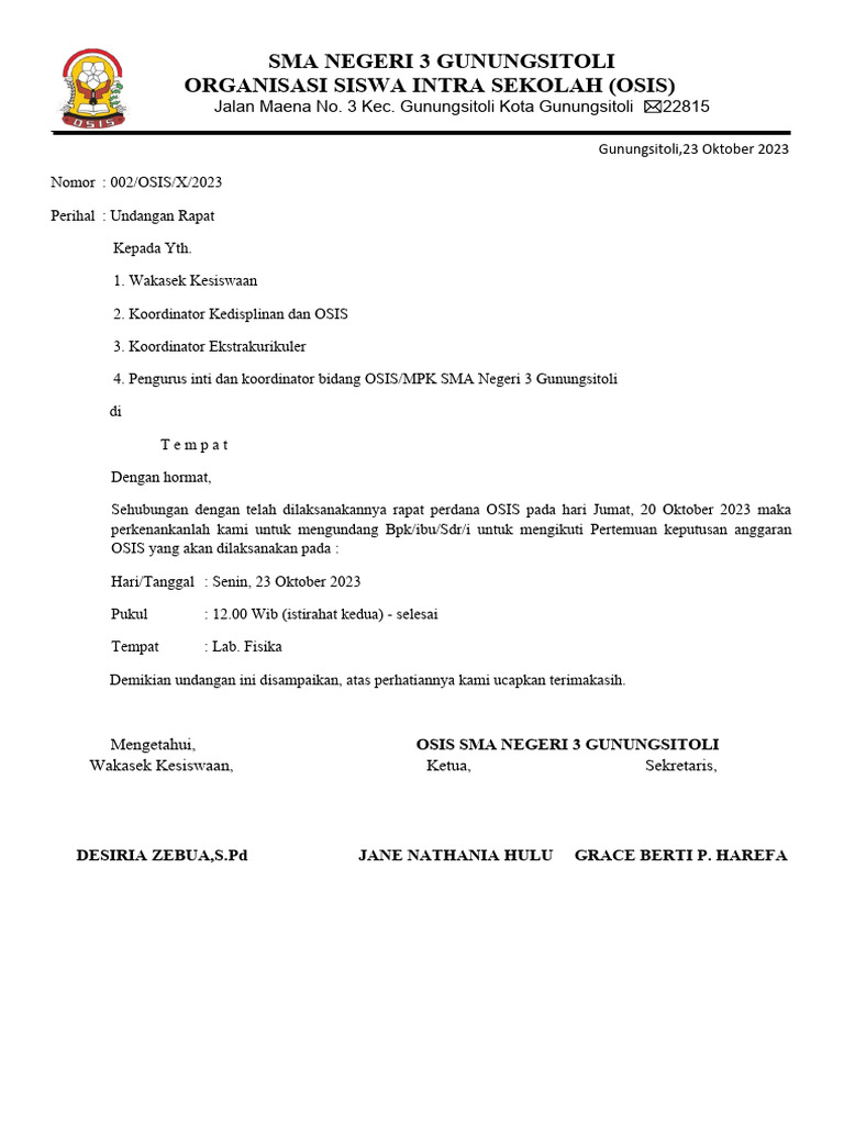 SURAT UNDANGAN RAPAT OSIS (1) | PDF
