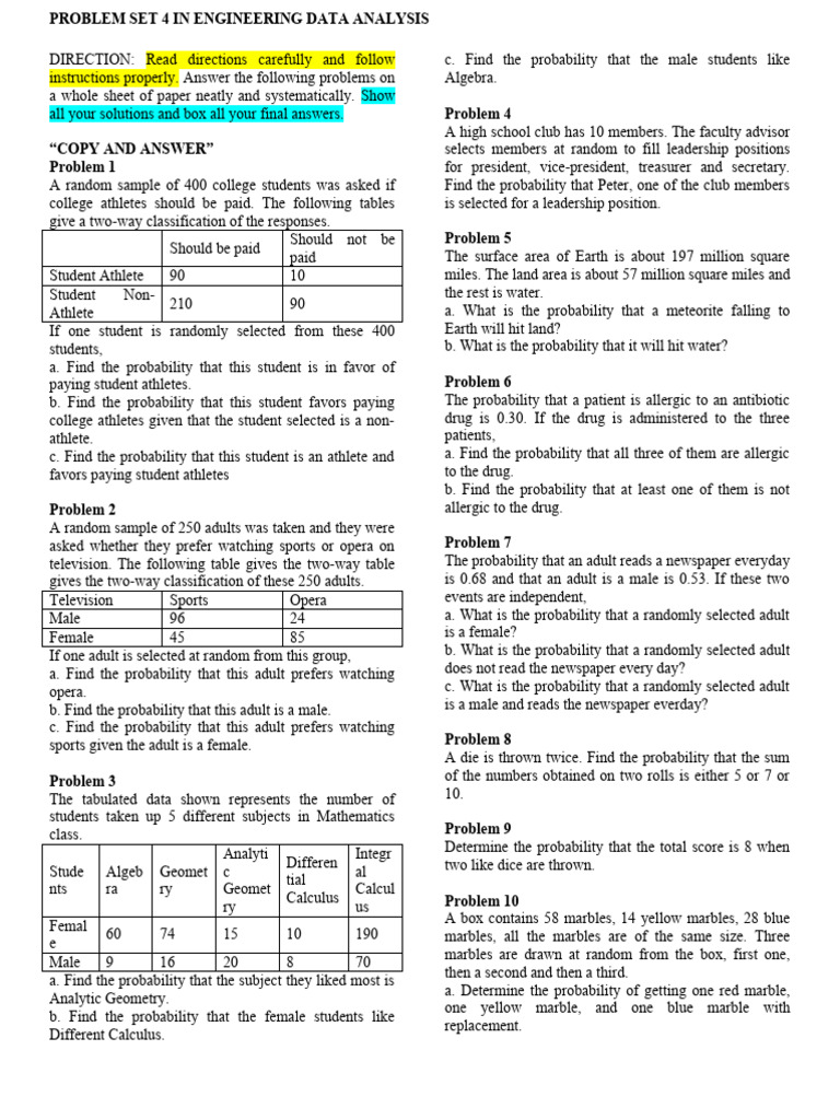 Engineering Data Analysis Problem Set | PDF | Sports & Recreation