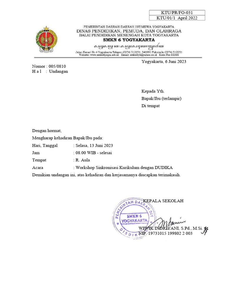 Undangan Workshop Sinkronisasi Kurikulum Dengan DUDIKA | PDF