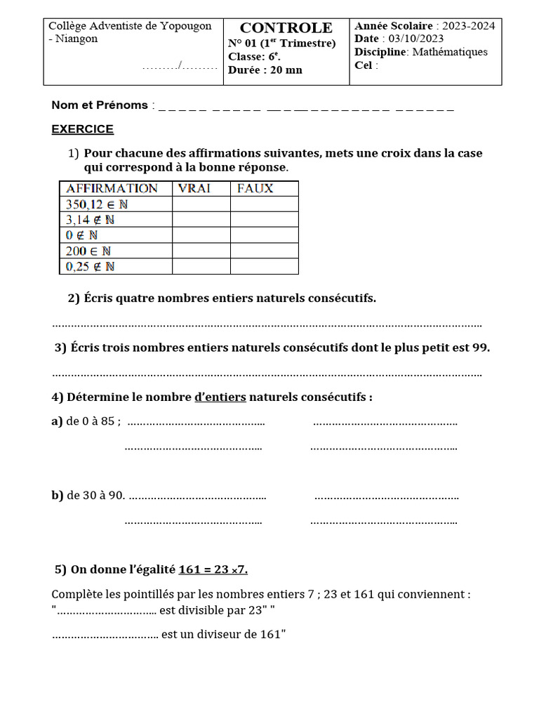 Controle Maths | PDF