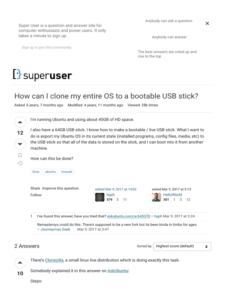 Linux - How Can I Clone My Entire OS To A Bootable USB Stick - Super User | PDF | Technology ...