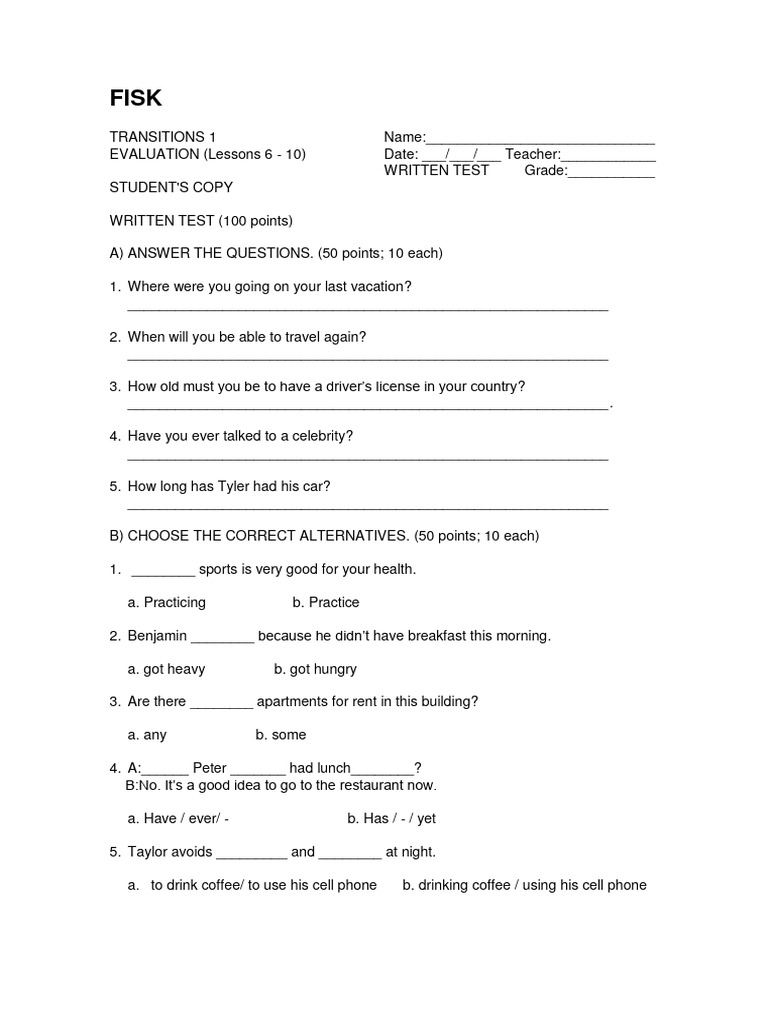 Test - Transitions 1 (L. 6 - 10) Student - S | PDF