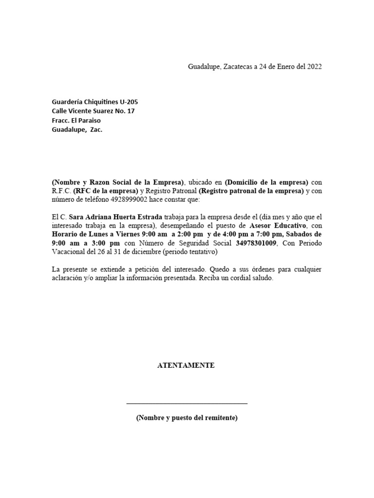 Carta Patronal para IMSS Ejemplo | PDF