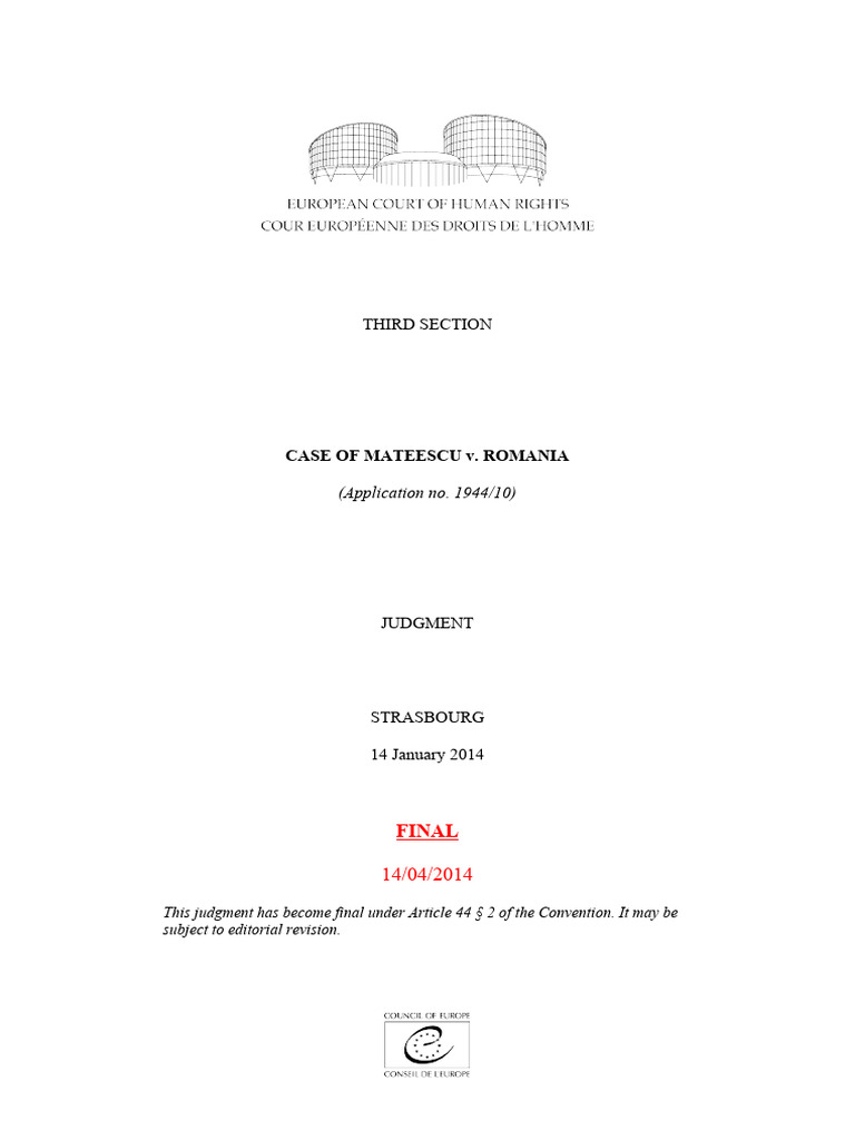 CASE OF MATEESCU v. ROMANIA | PDF | Lawyer | European Convention On ...
