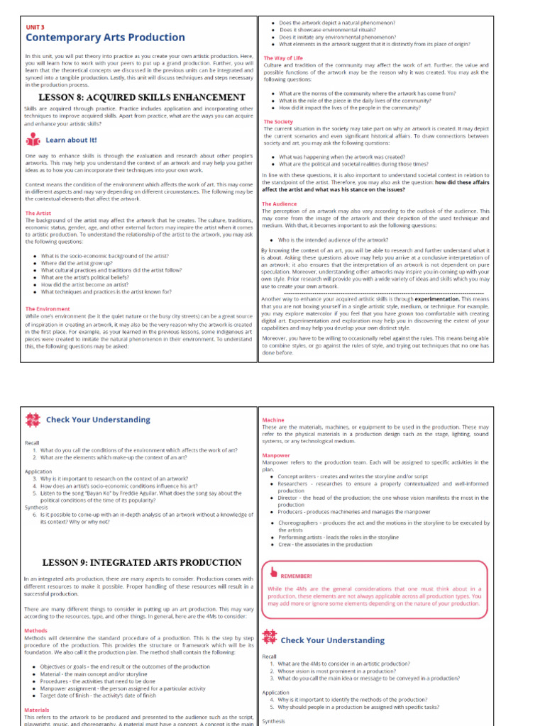 Contemporary Arts Lesson 8 Handouts - Acquired Skills Enhancement | PDF ...