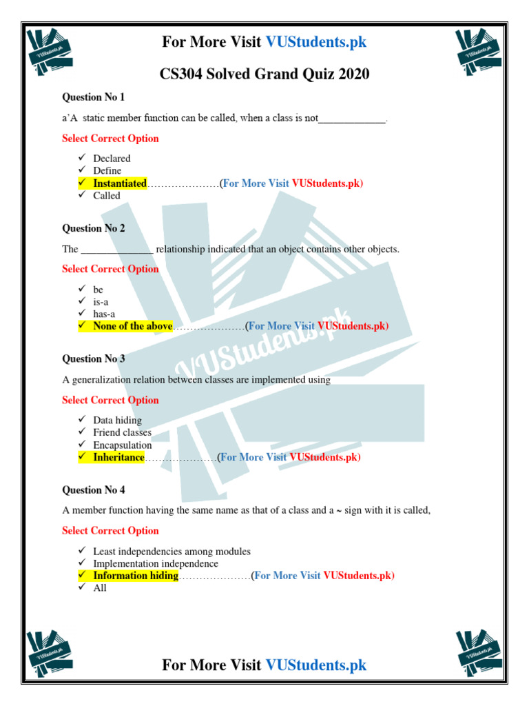 CS304 Solved Grand Quiz 2020 | PDF | Teaching Methods & Materials | Computers