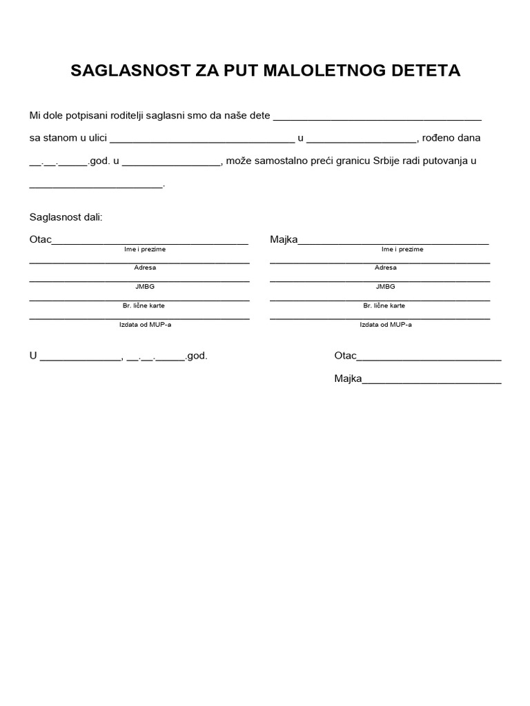 Saglasnost Za Put Maloletnog Deteta | PDF