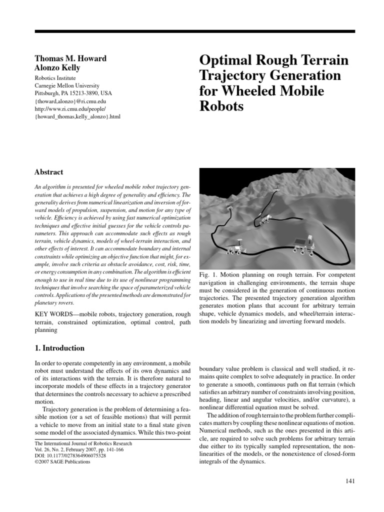 Howard Kelly 2007 Optimal Rough Terrain Trajectory Generation For Wheeled Mobile Robots Pdf