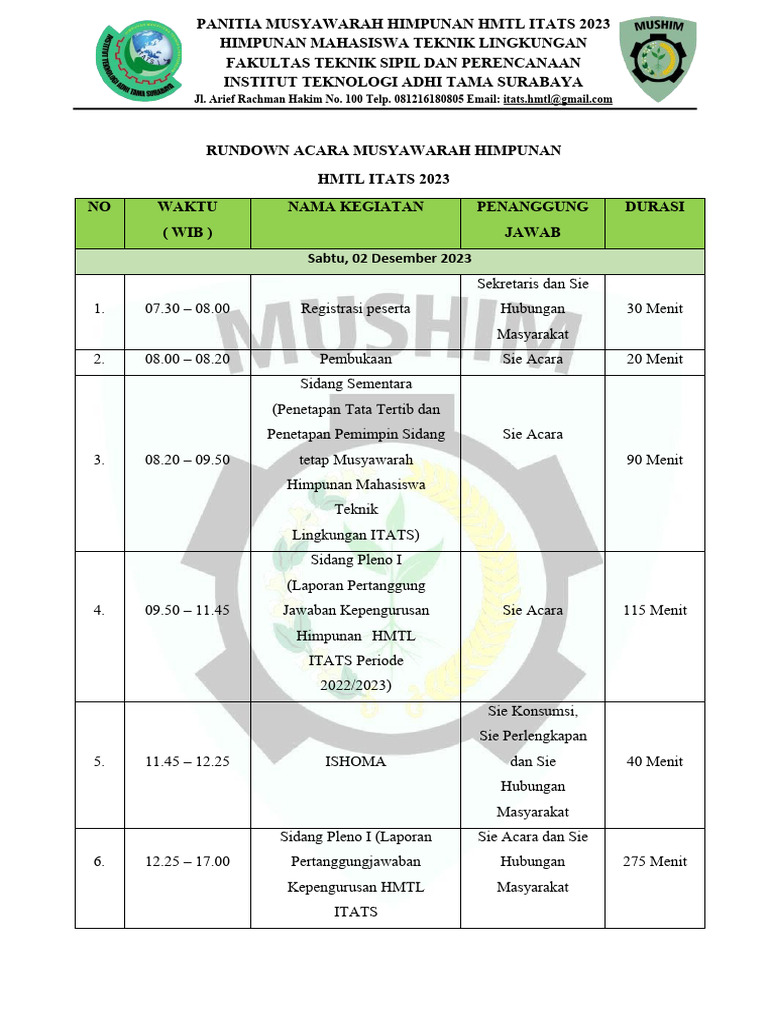 Musyawarah HMTL ITATS 2023: Rundown Acara | PDF