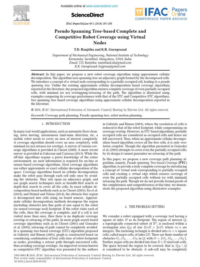 Pseduo Spanning Tree-Based Complete and Competitive Robot Coverage Using Virtual Nodes | PDF