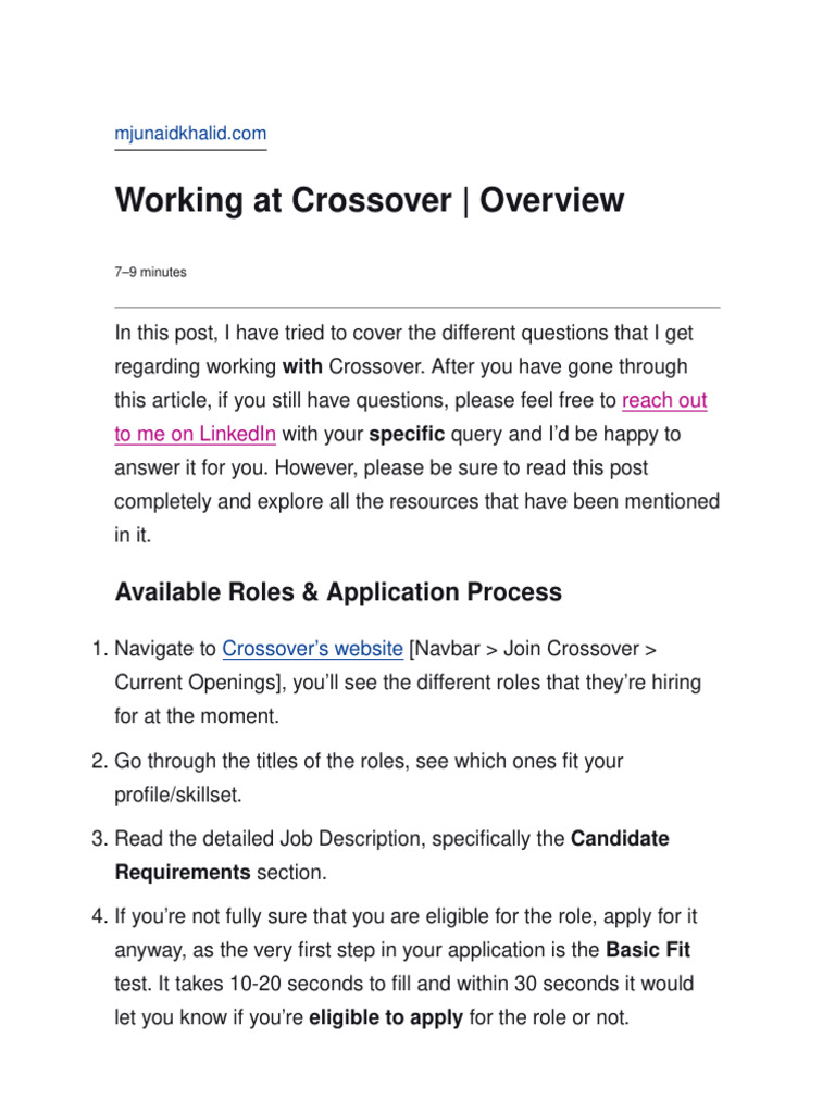 Working at Crossover Overview - Junaid Khalid | PDF | Cognitive Science | Cognition