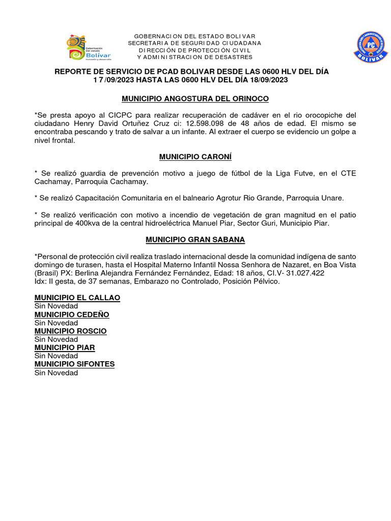 Reporte 17-09-2023 de Servicio de Pcad Bolivar | PDF