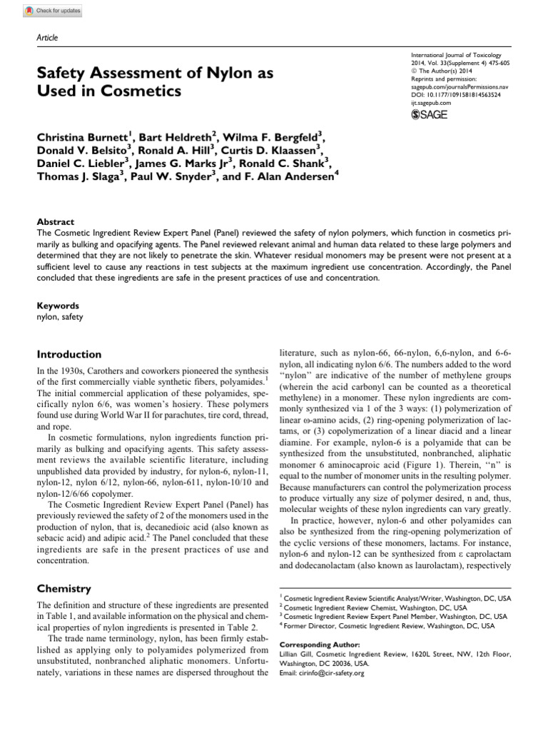 Burnett Et Al 2015 Safety Assessment of Nylon As Used in Cosmetics | PDF | Nylon | Copolymer