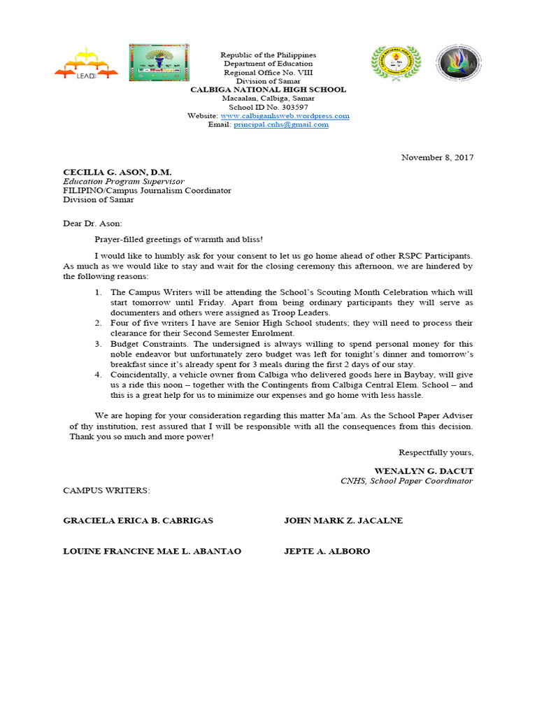 Letter To Leave EARLY-RSPC | PDF