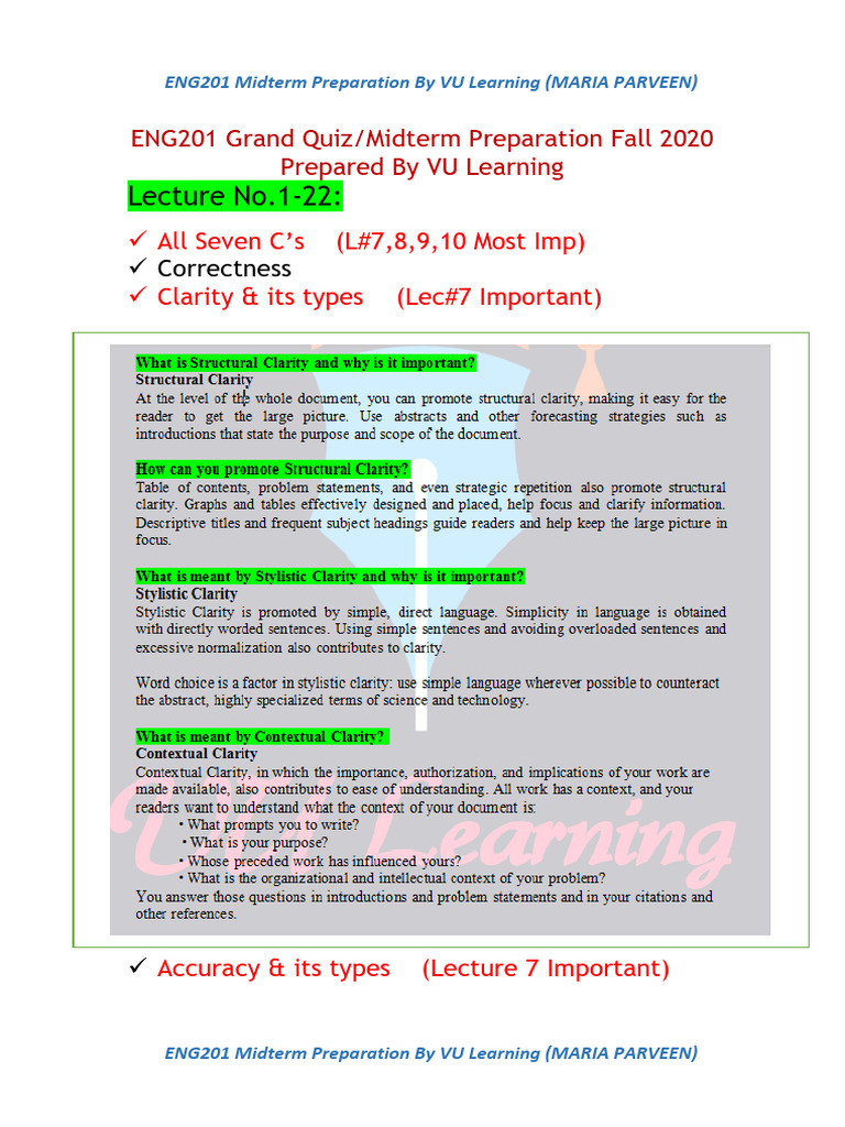 ENG201 - Midterm - Grand - Quiz NOTES by VU LEARNING | PDF ENG201 - Midterm - Grand - Quiz NOTES by VU LEARNING | PDF