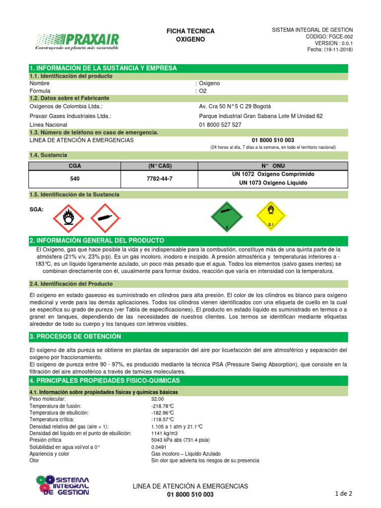 Ficha Tecnica Oxigeno | PDF | Oxígeno | Gases