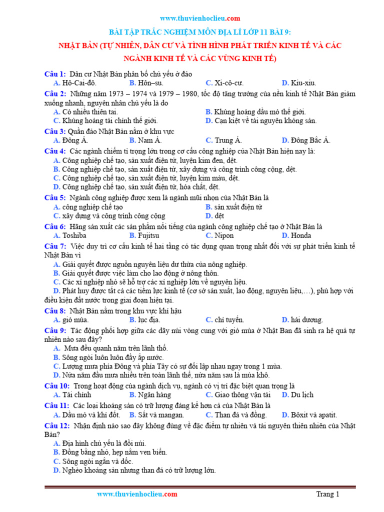 Trac Nghiem Dia Li 11 Bai 9 | PDF
