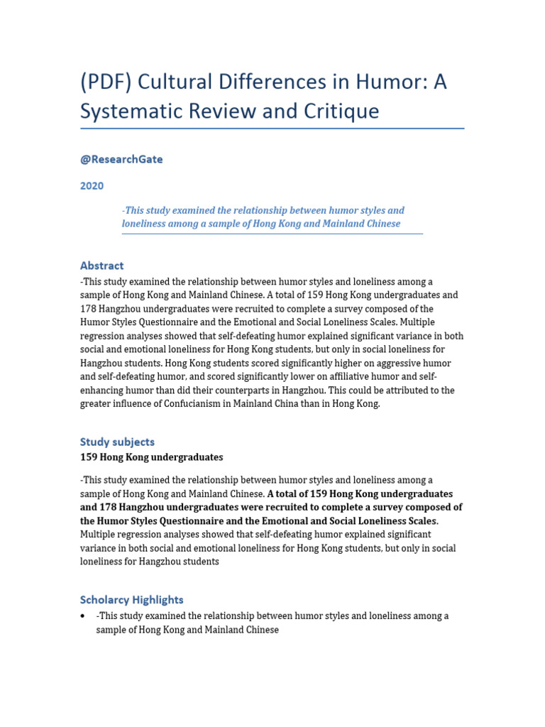 PDF Cultural Differences in Humor A Systematic Review and Critique | PDF