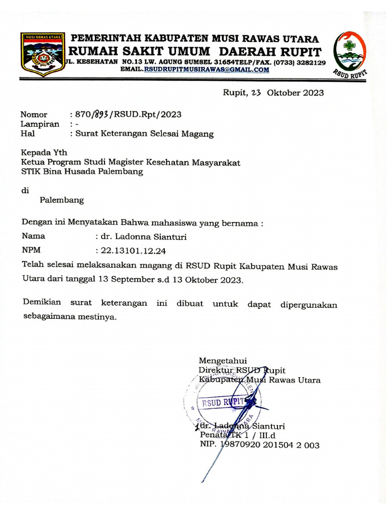 Surat Keterangan Selesai Magang TTD Direktur | PDF