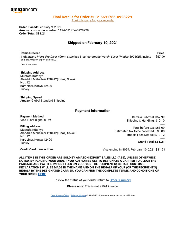 Amazon Order Summary for Invicta Watch | PDF | Visa Inc. | Payments
