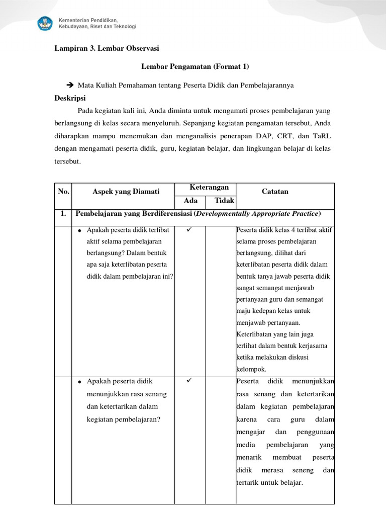 Lembar Pengamatan Nurfitriyani - Pemahaman Peserta Didik | PDF