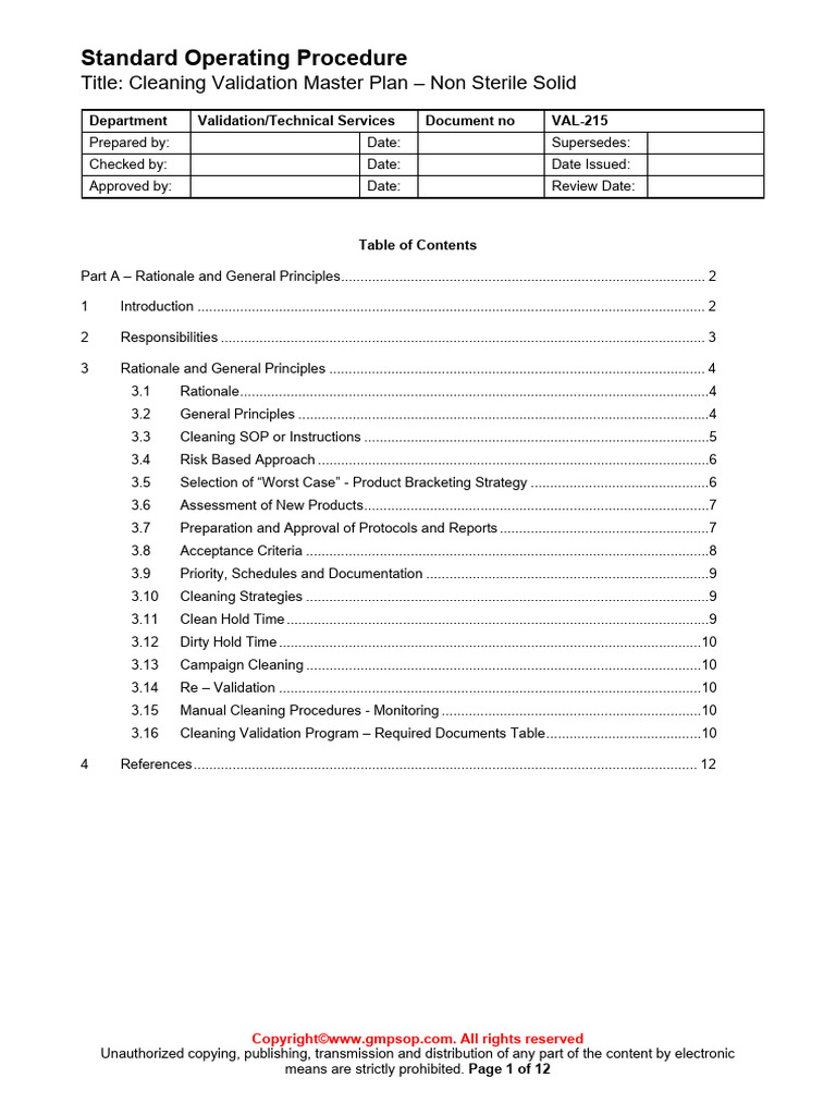 VAL 215 Cleaning Validatio Master Plan Non Sterile Solid Sample | PDF